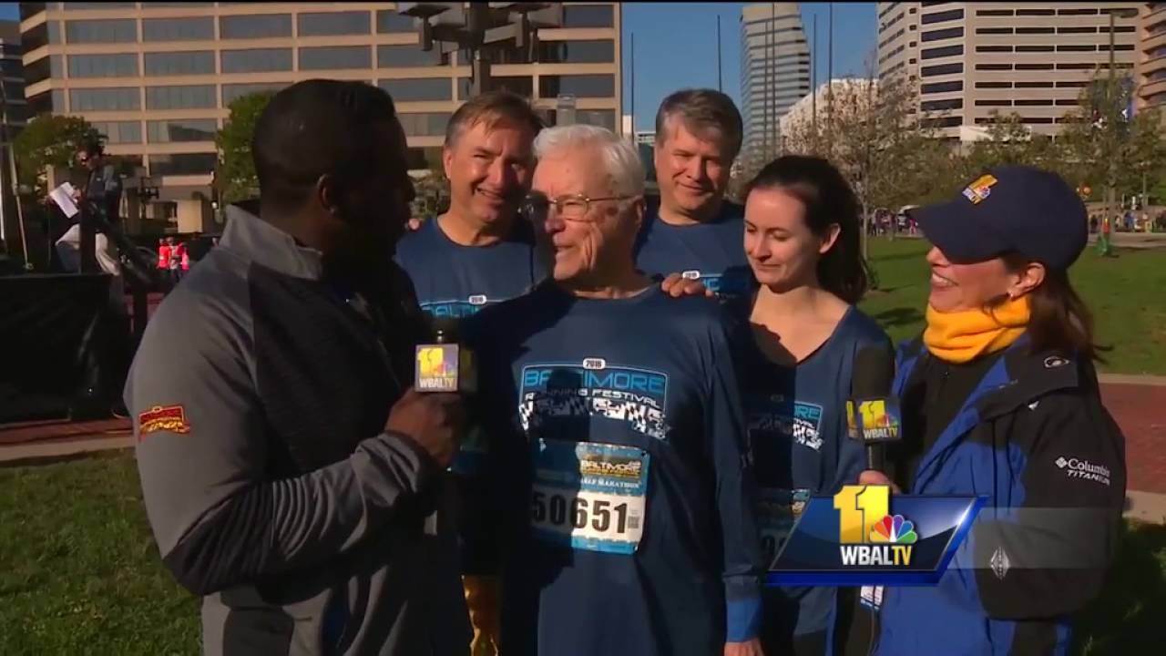 Man, 90, reflects on running in Baltimore Half Marathon - YouTube