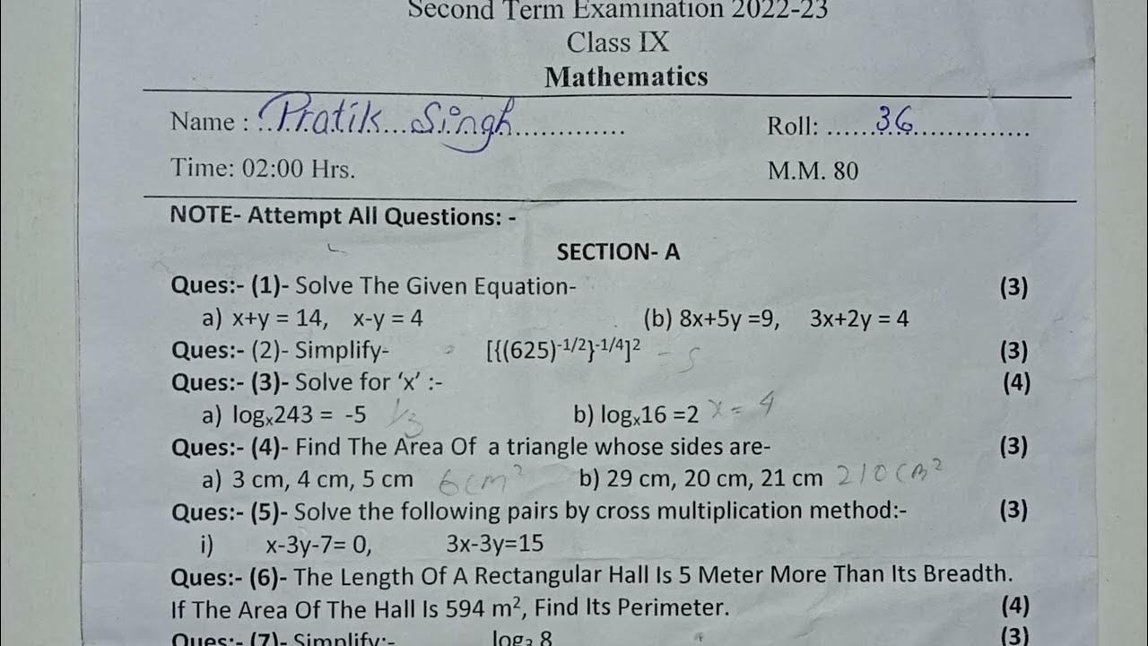 ICSE CLASS 9 (Mathematics) Questions Paper second term examination ...