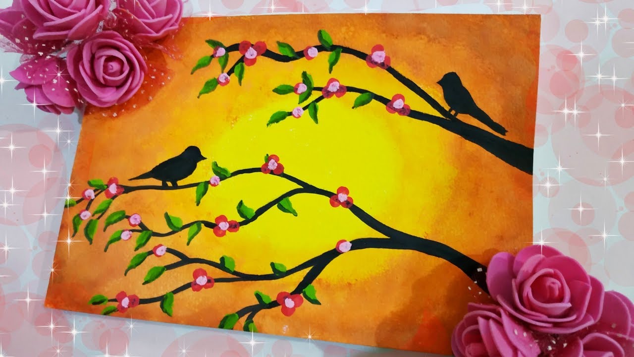 How To Make Easy Sunset Birds Silhouette Painting Tutorial || Birds on ...