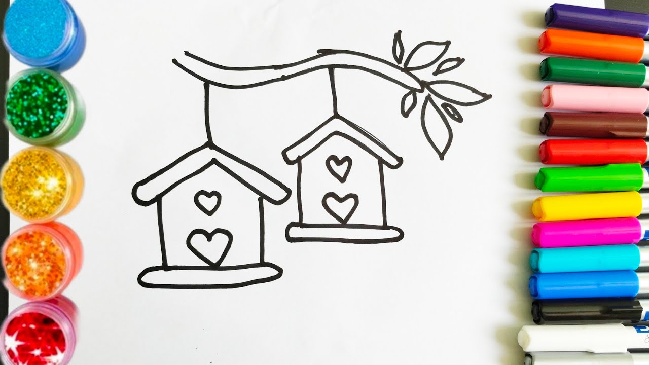 How to draw and colour cute🥰bird's house 🐦🐦 ||step by step for kids and ...