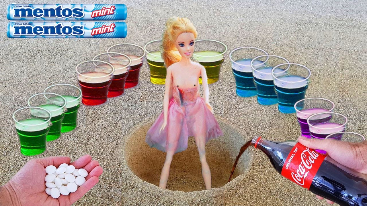 Experiment !! Barbie VS Cola, Pepsi, Fanta, sprite and Mentos Devil's Toothpaste Explosion ...