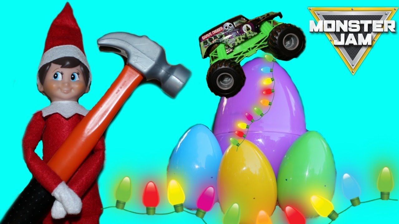 SURPRISE EGGS HOT WHEELS MONSTER JAM TRUCKS with THE ELF ON THE SHELF ...