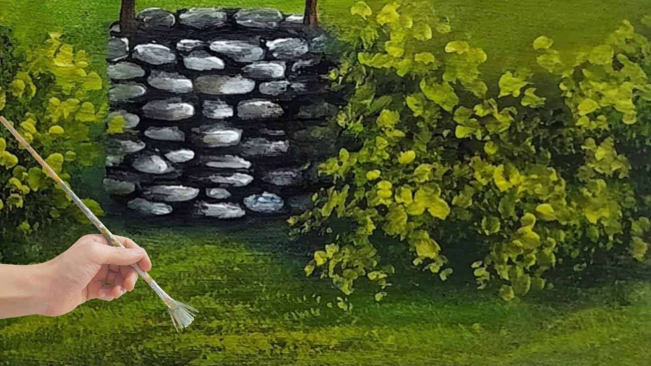 Detailed close-up painting of a green landscape / Acrylic painting ...