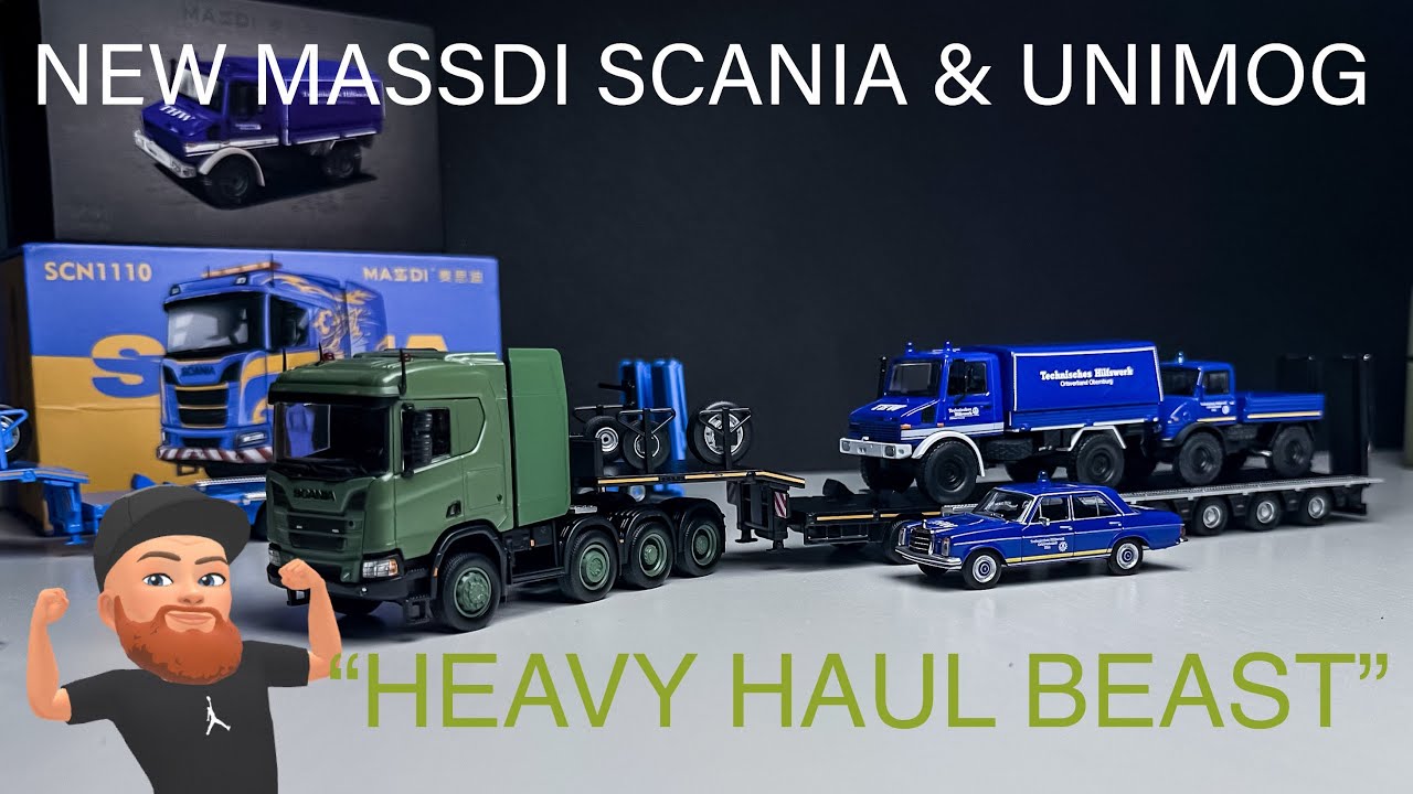 Massdi 1:64 Heavy Load Scania in OLIVE 💥 Unboxing + THW Unimog ...