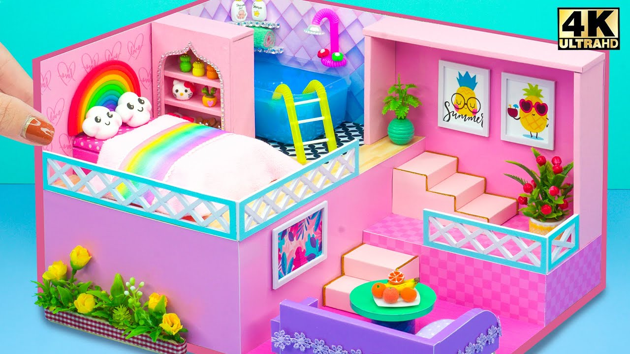 DIY Miniature Pink Cardboard House #68 ️ Bedroom, Bathroom, Living Room ...