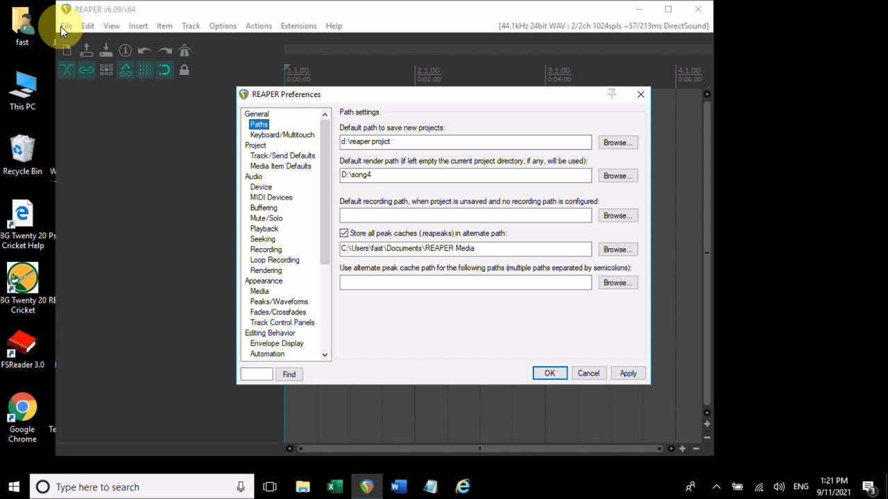 Reaper series part3. how to setup reaper preferences. general. and path setting with jaws NVDA# ...