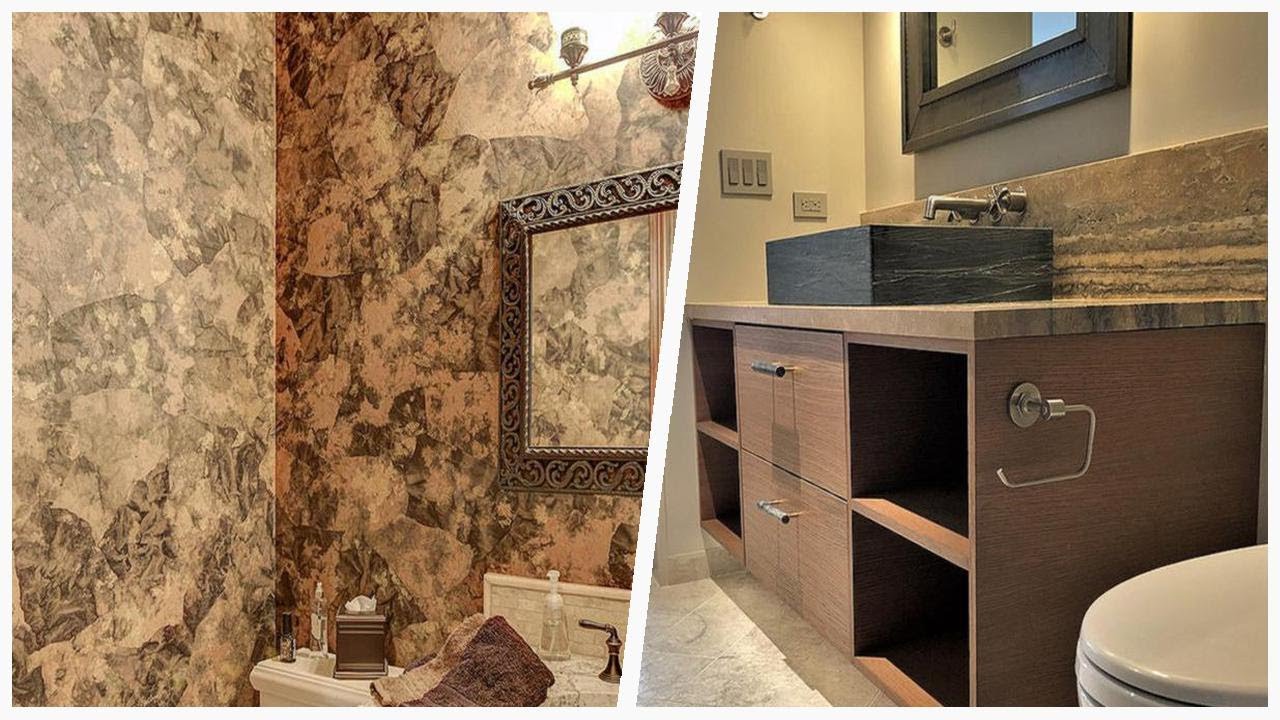 75 Powder Room With Medium Tone Wood Cabinets And Multicolored ...