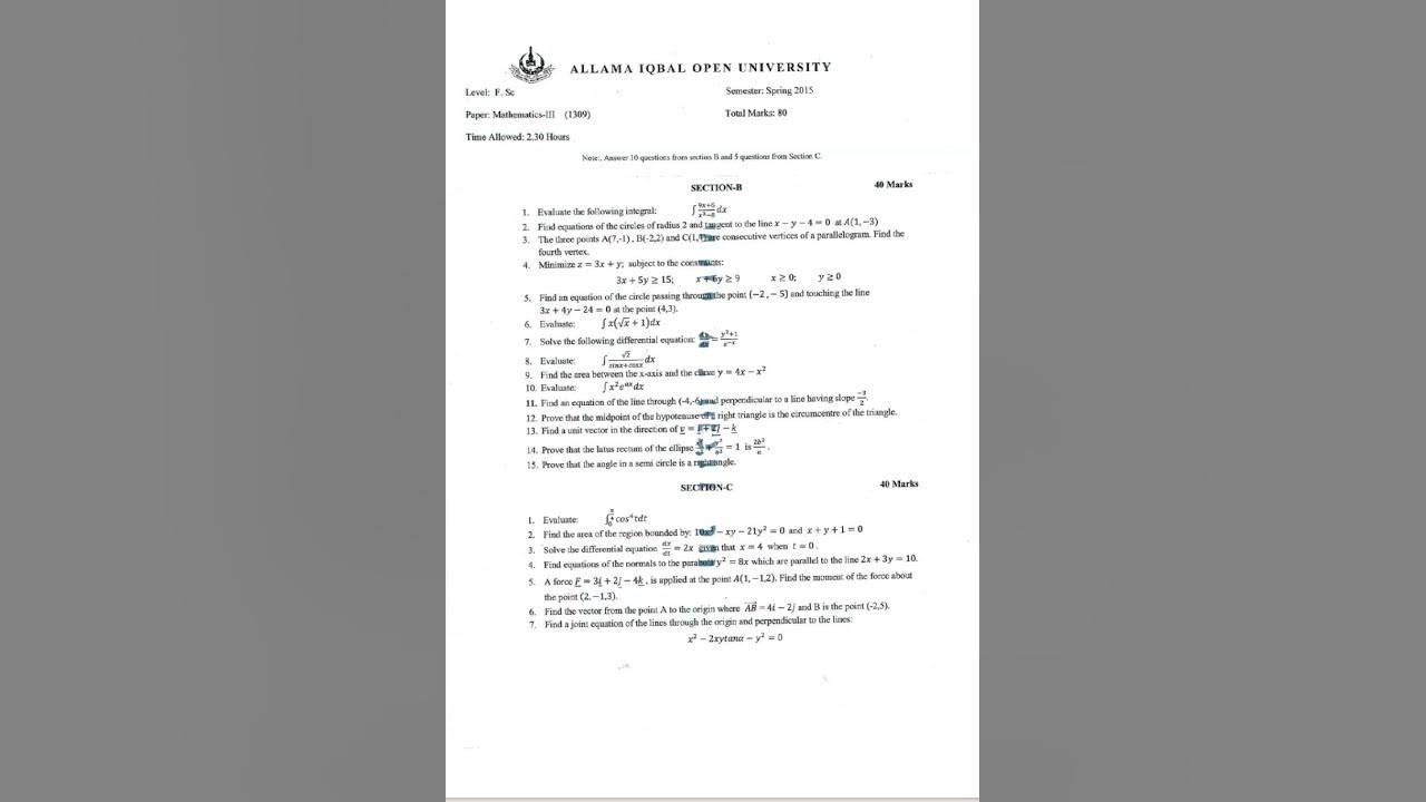 aiou course code 1309, Mathematics 3 past papers spring 2024. - YouTube