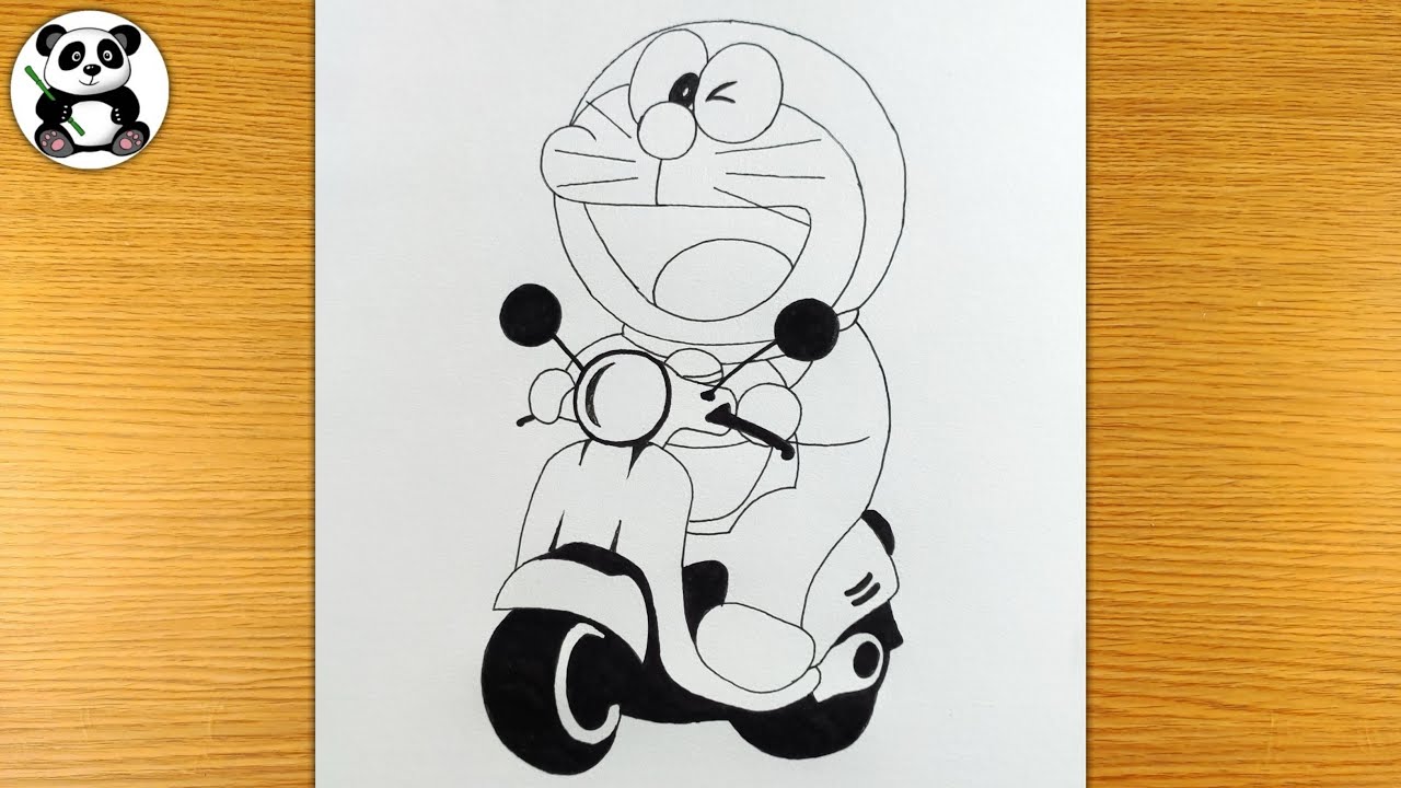 Cute doremon on bike drawing | nobita friend doremon line art ...