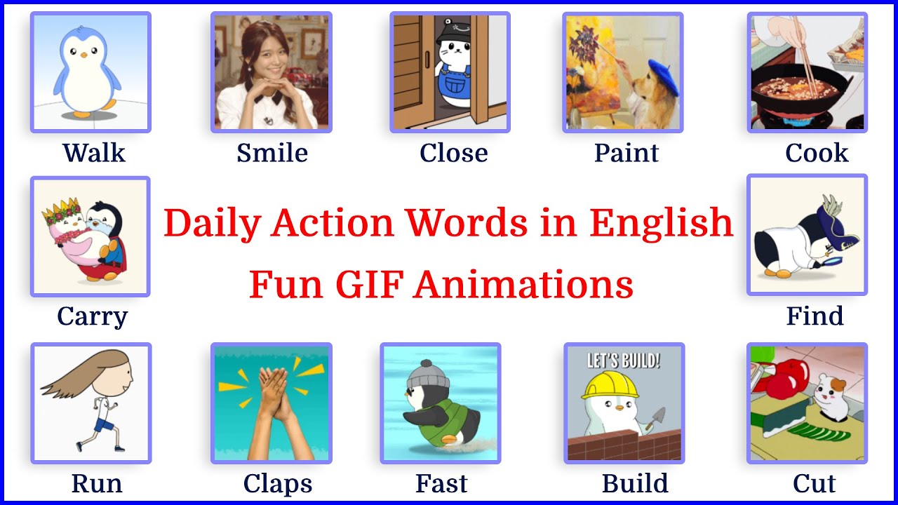 Daily Action Words for Kids | Fun GIF Animations & Sounds | Learn ...
