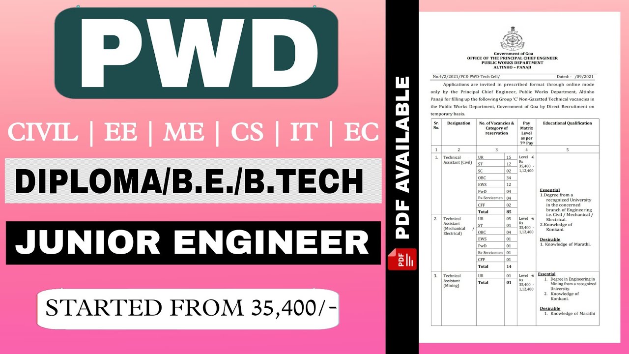 PWD || JUNIOR ENGINEER || CIVIL || ELECTRICAL || MECHANICAL || CS || IT ...
