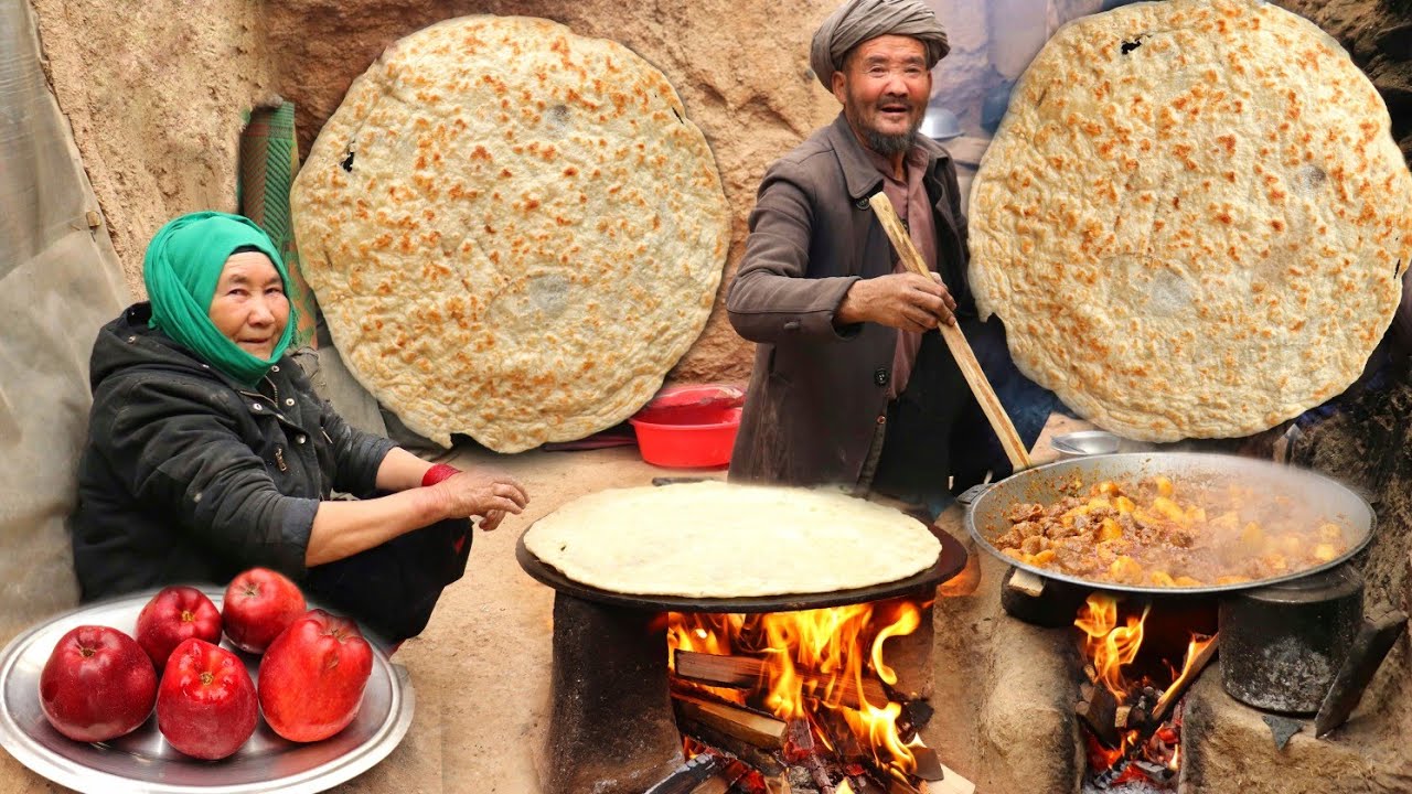 Lifestyle of an elderly couple in a cave: Cooking chapati bread and ...