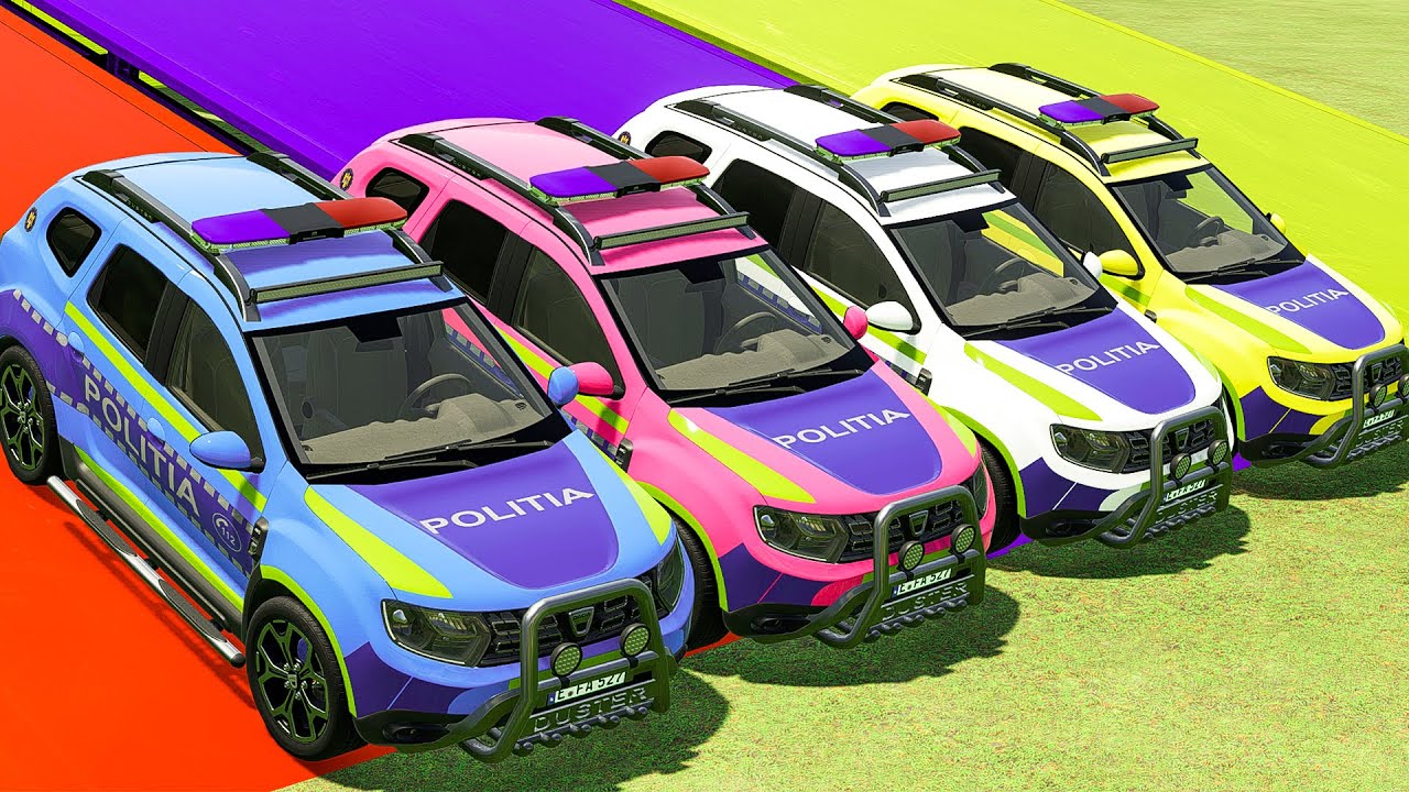 POLICE CARS OF COLORS ! TRANSPORTING DACIA DUSTER POLICE CARS WITH ...
