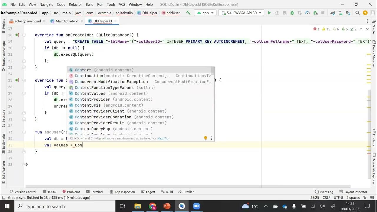 Kotlin SQLite OpenHelper Part 2 DBHelper AddUser - YouTube