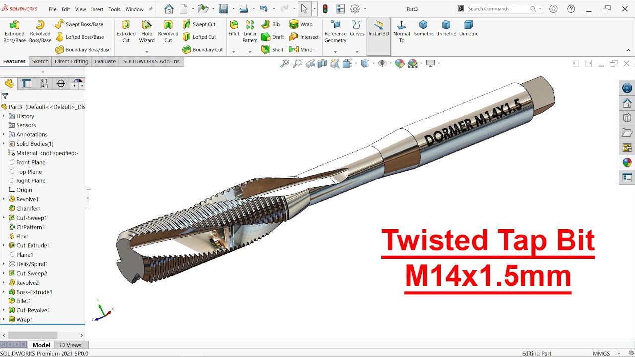Design of Twisted Tap Bit M14x1.5mm in SolidWorks - YouTube