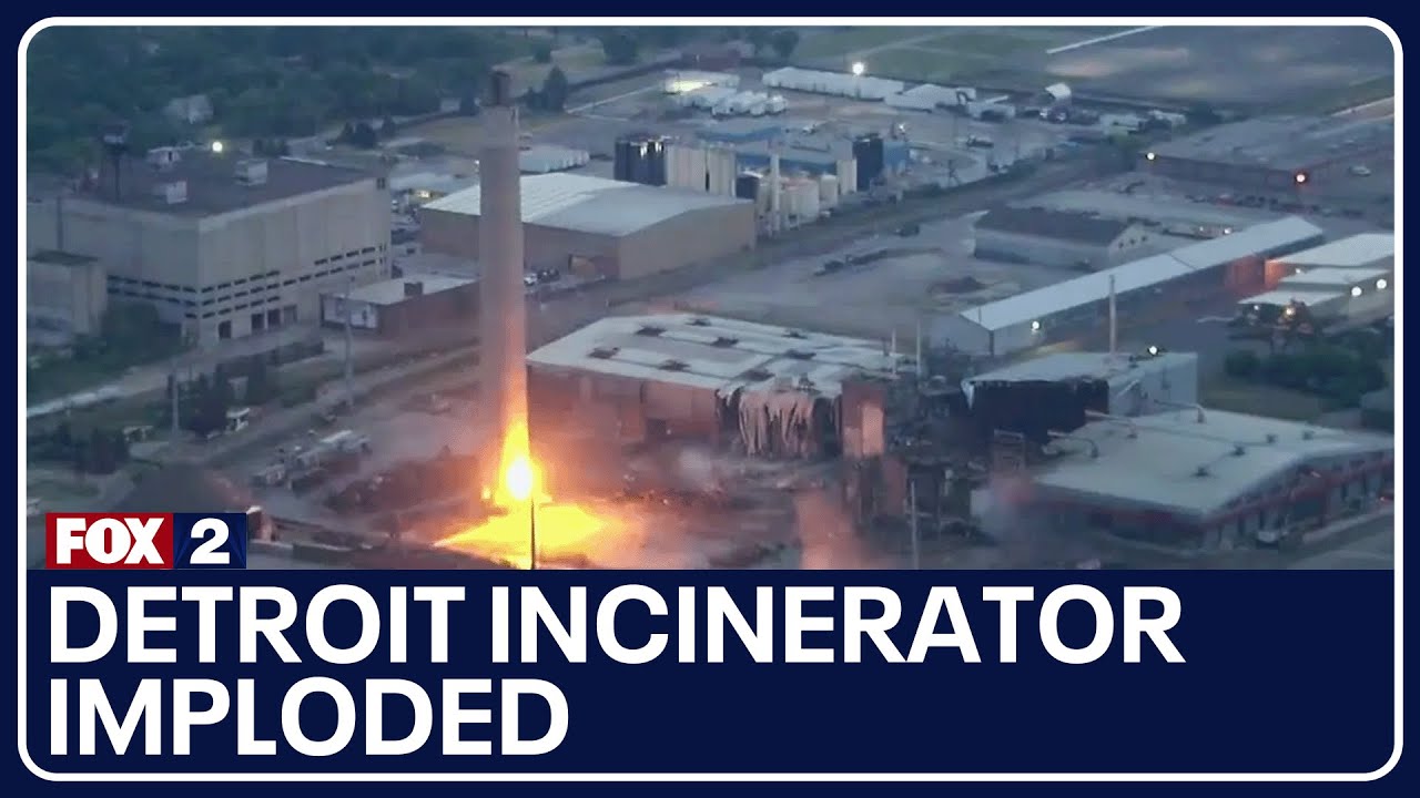 Detroit incinerator imploded, finally comes down after decades - YouTube