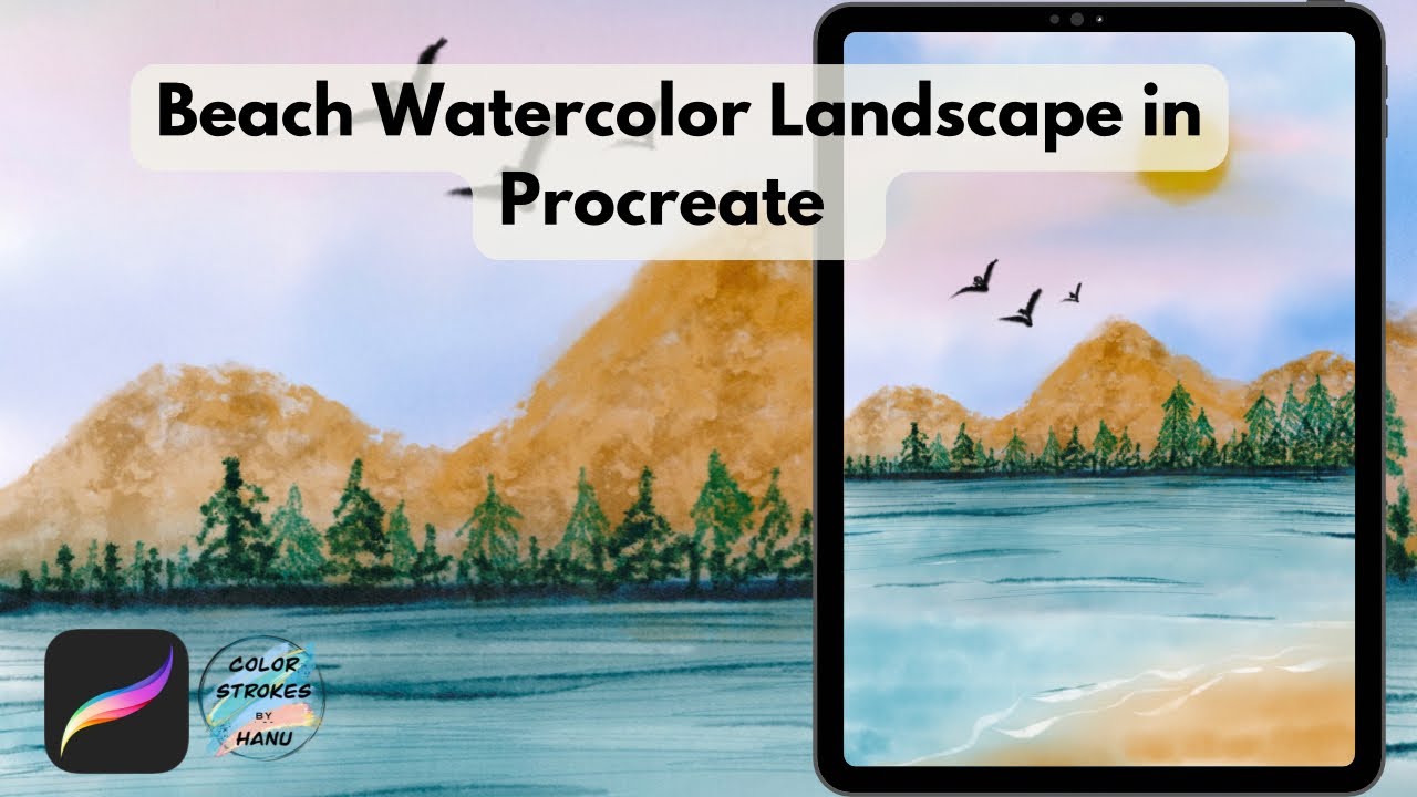 Watercolor Beach Landscape with Mountains in Procreate, Digital ...
