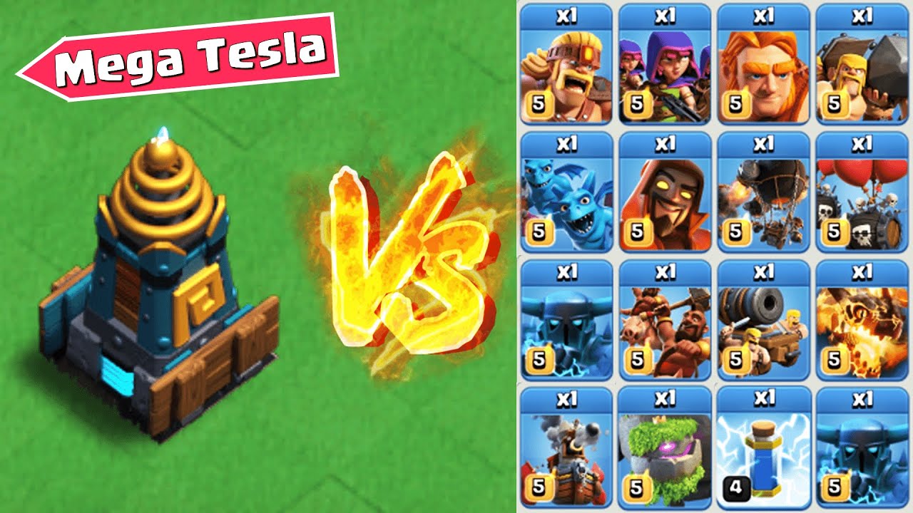 Hidden Mega Tesla vs All Clan Capital Troops - Clash of Clans - YouTube