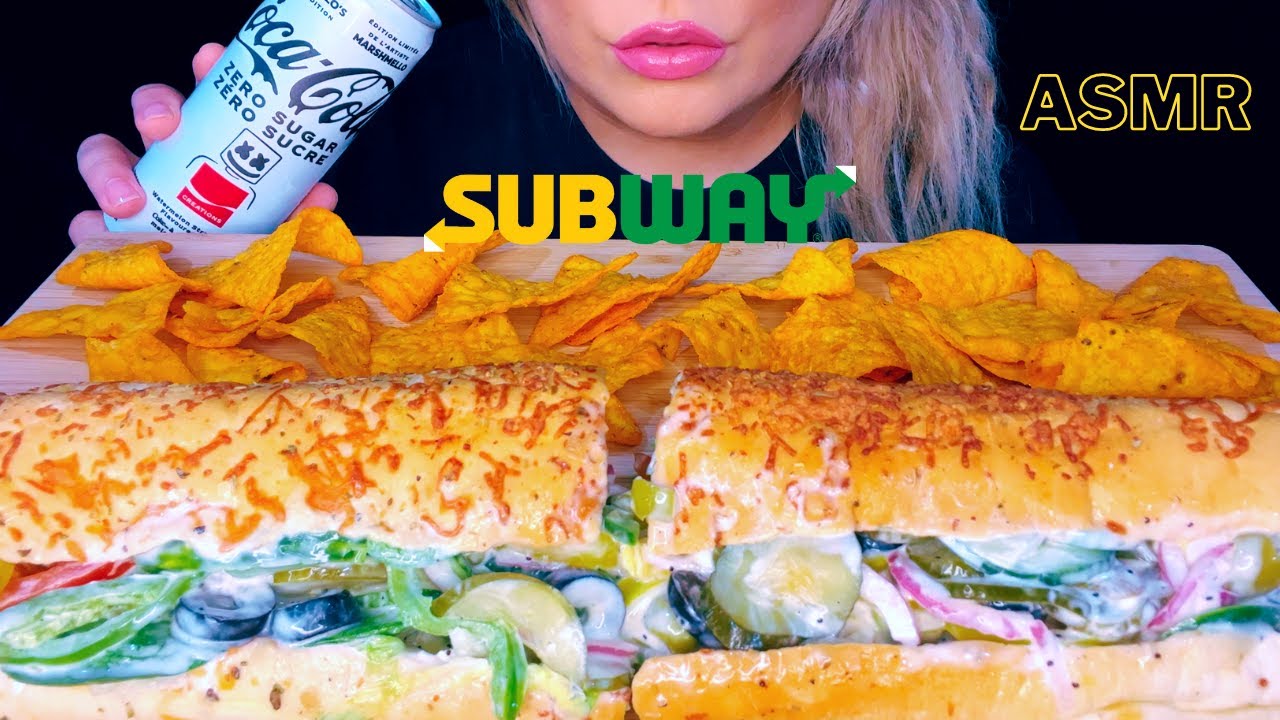 ASMR EATING SUBWAY FOOTLONG VEGGIE DELITE MUKBANG (no talking) EATING ...