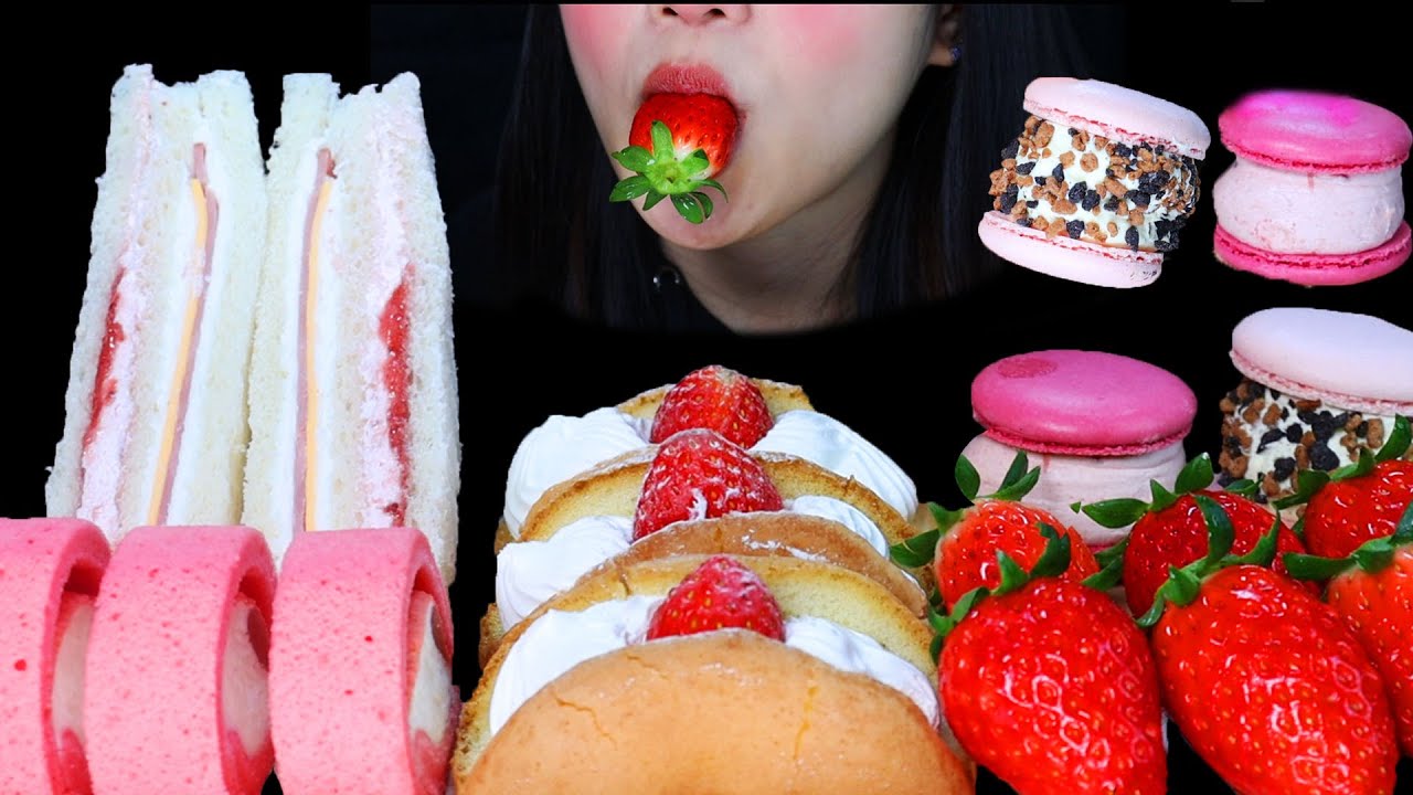 ASMR pink food Strawberry flavored dessert / 핑크색음식,딸기맛디저트 먹방 / MUKBANG ...