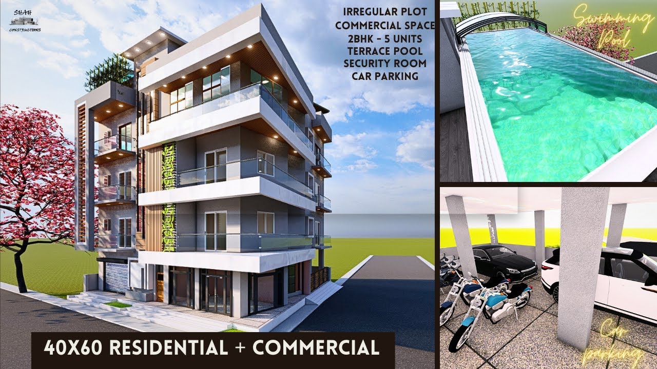 40x60 Corner Residential + Commercial Buiding | 40x60 House Design 3D ...