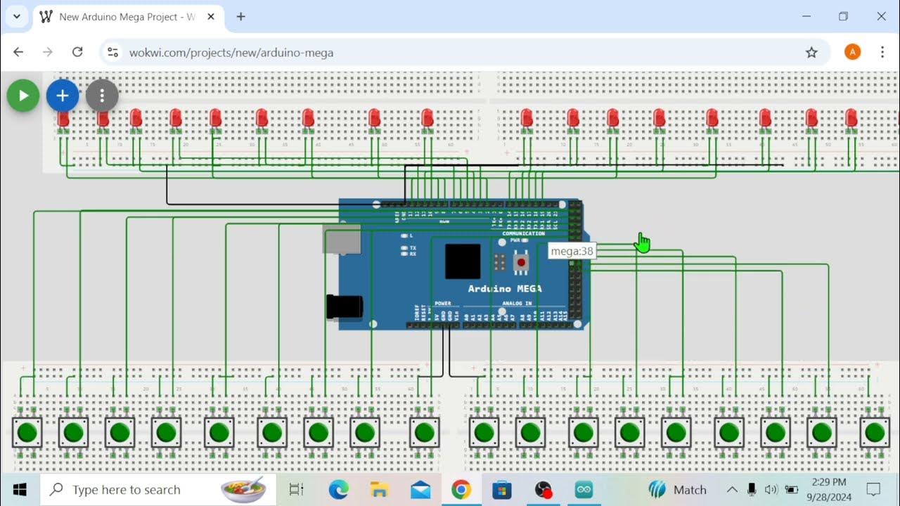 Arduino mega project 18 LEDs with push button | Arduino project in Wokwi simulator - YouTube
