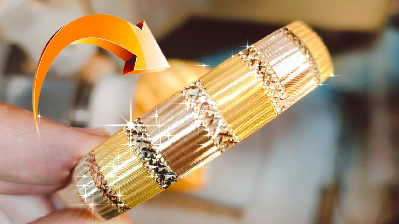 the processing of cutting gold bangle with cnc .new model 1.5 cm 18k gold bangle tow color - YouTube