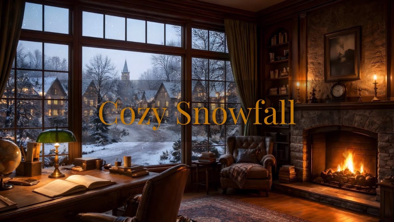 Cozy Winter Snowfall Study Ambience | 2 Hours Fireplace Sounds & Snowy ...