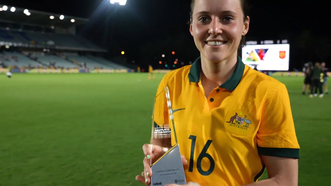 Hayley Raso is presented with the Rebel Sport Player of the Match from ...