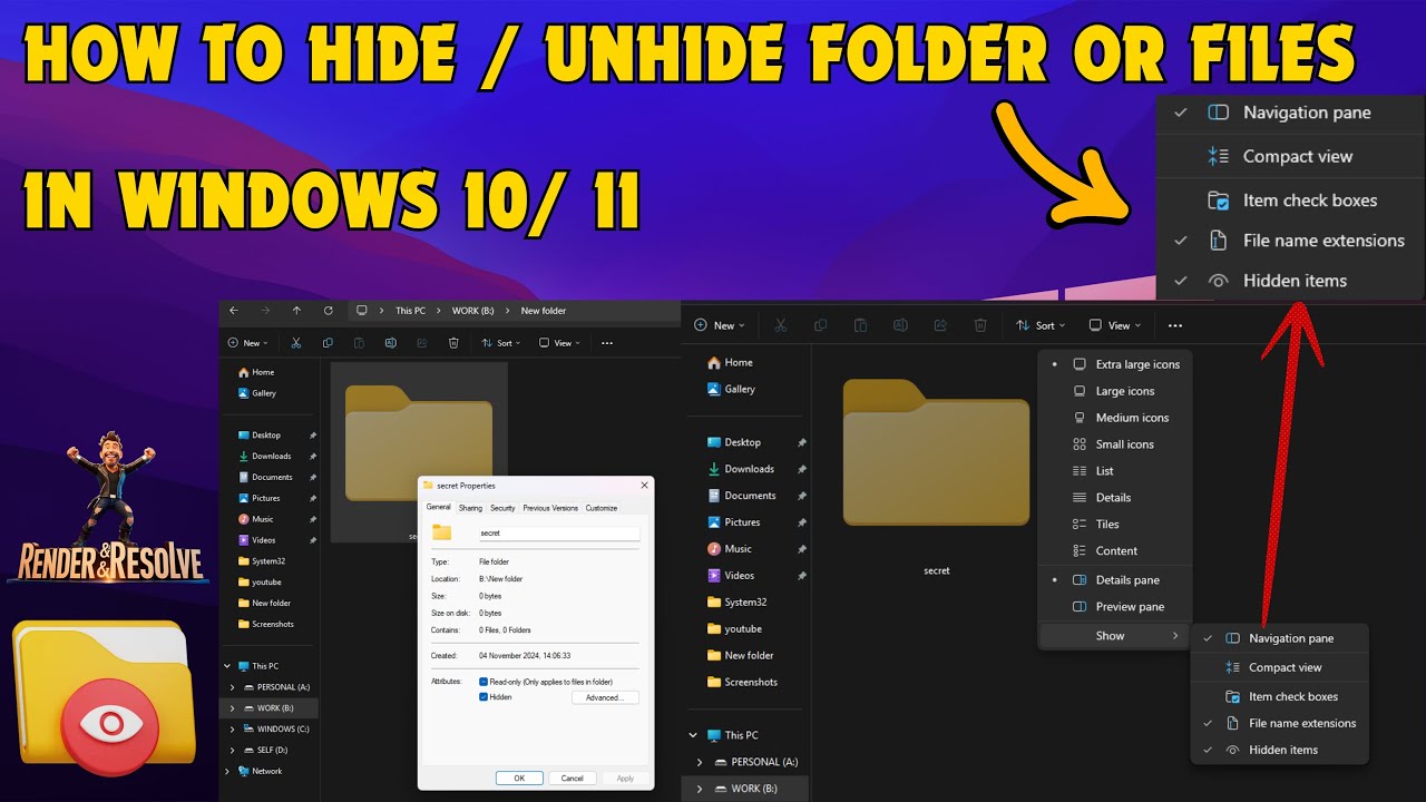 how to hide files and folders in windows 11/10 | hide folders ko unhide kaise kre | Render ...