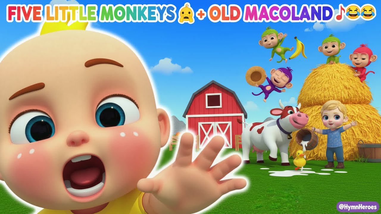 🐵 Five Little Monkeys Meet Old MacDonald! 😂 | Funny Farm Song Mashup ...