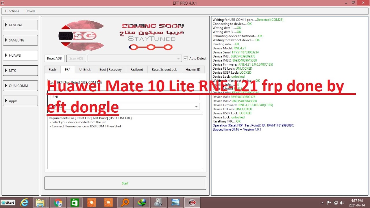 huawei mate 10 lite rne-l21 frp done by eft dongle - YouTube