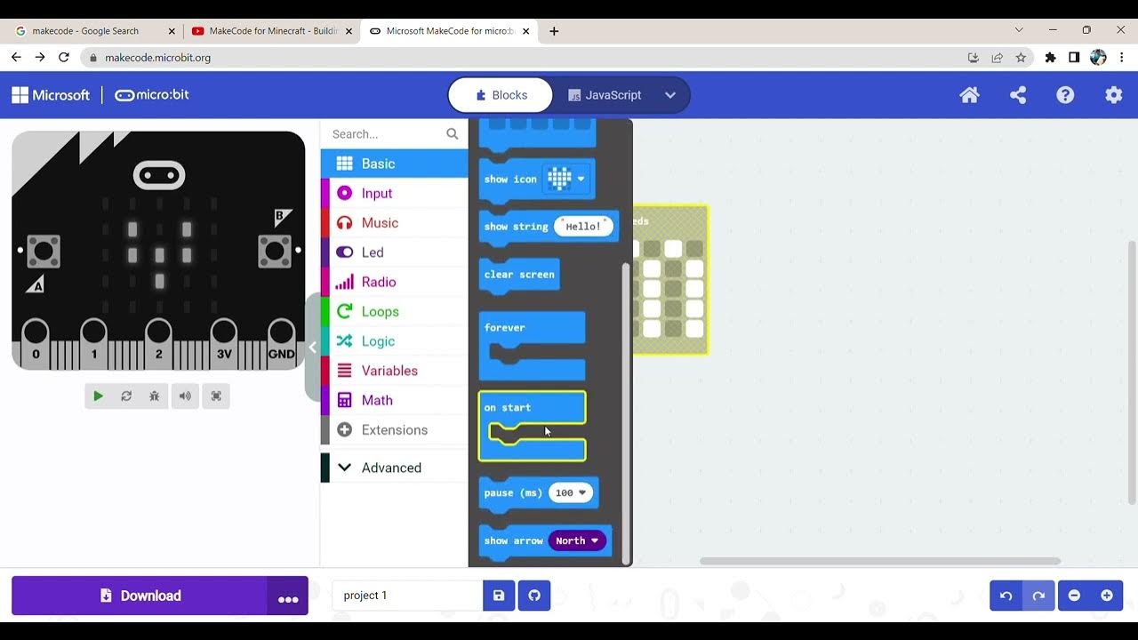 Microsoft Makecode Microbit Project 1 Tutorial For Beginners Created By Trishanth Kumar