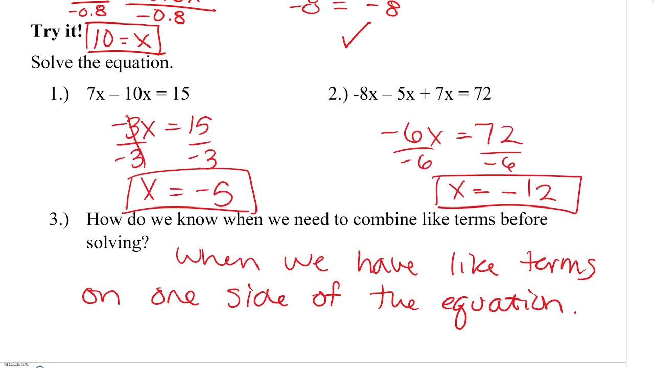 Two Step Equations With Combing Like Terms And Distributive Property Two Step Equations With Combing Like Terms And Distributive Property