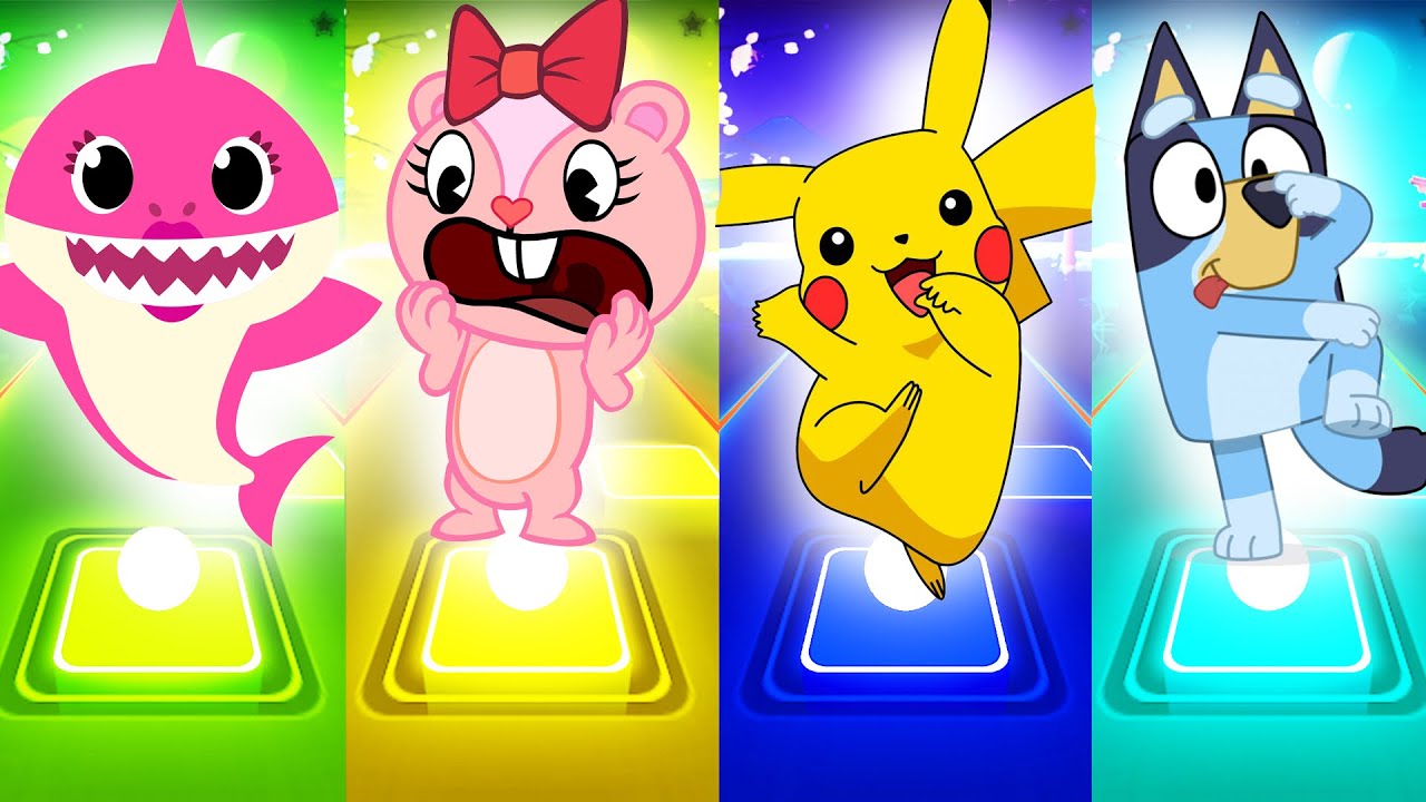 Baby Shark vs Happy Tree Friends vs Pikachu vs Bluey | Tiles Hop EDM ...