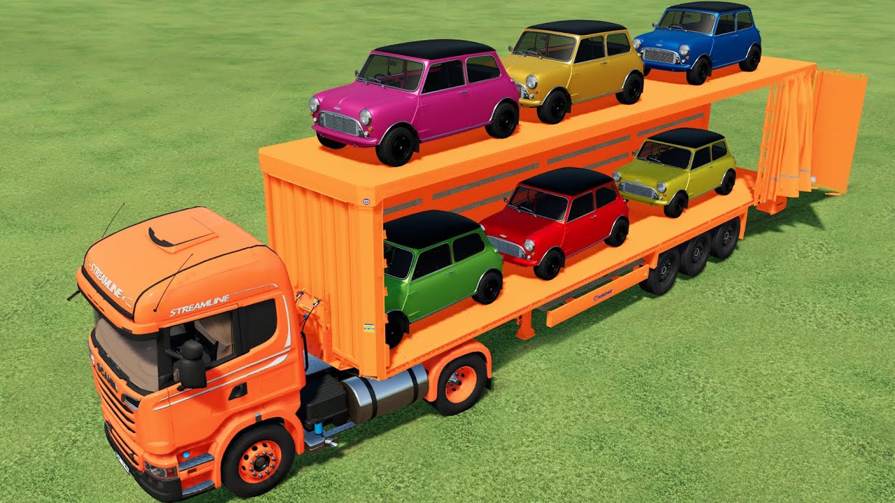 TRANSPORTING COLORED CARS MINI COOPER WITH SCANIA TRUCK | Farming ...