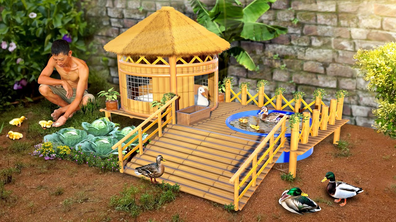 Explore to build awesome duck house and pool from bamboo - YouTube