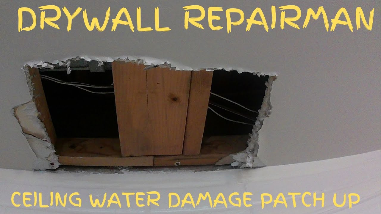 process of easy drywall repair, focusing on patching water-damaged ...
