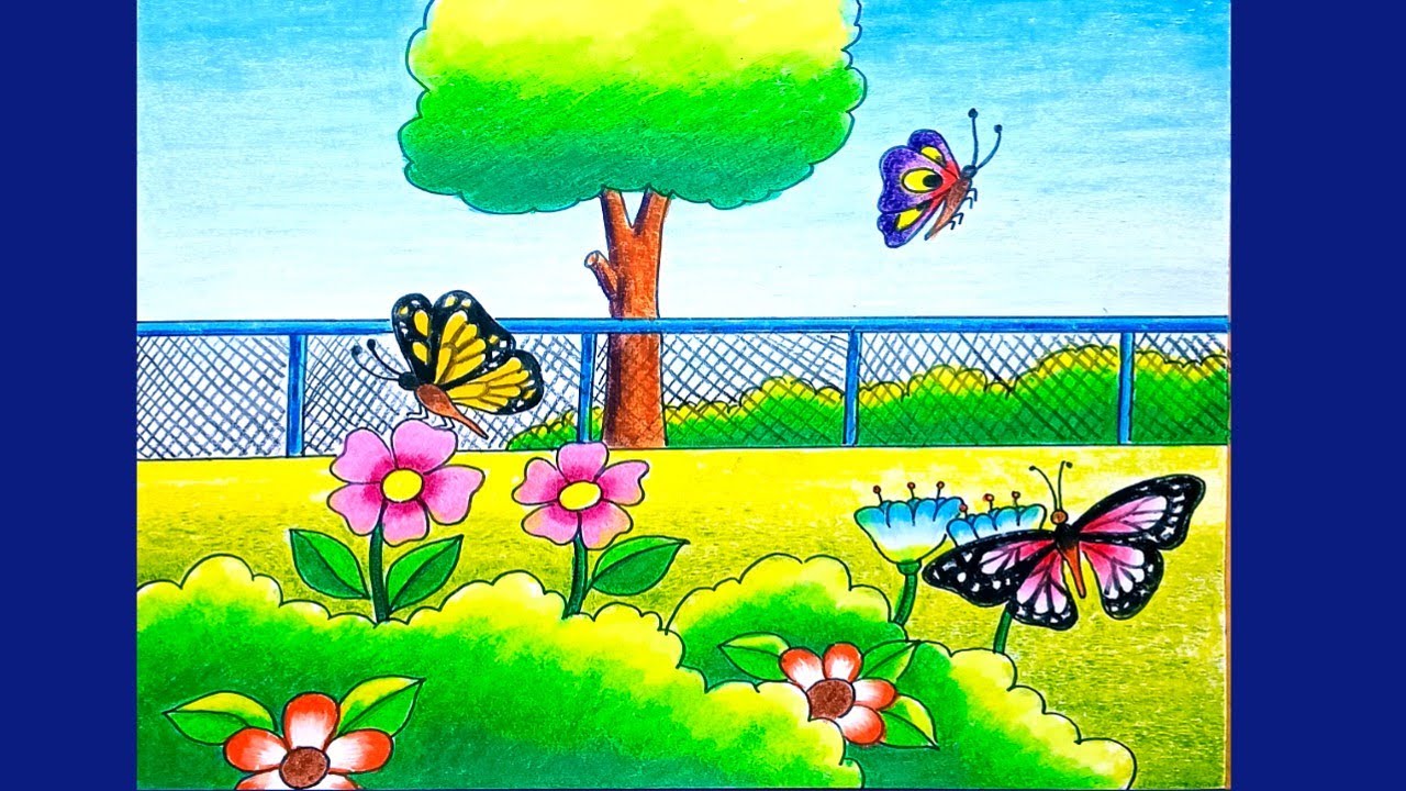 How to draw a butterfly in a garden scenery/Garden scenery drawing ...
