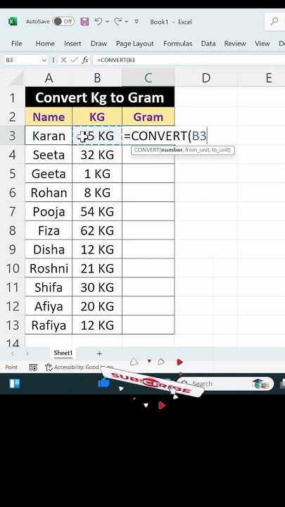 Convert Function in Excel | How to Convert KG to Gram | #convert #function #shortsfeed#shorts # ...