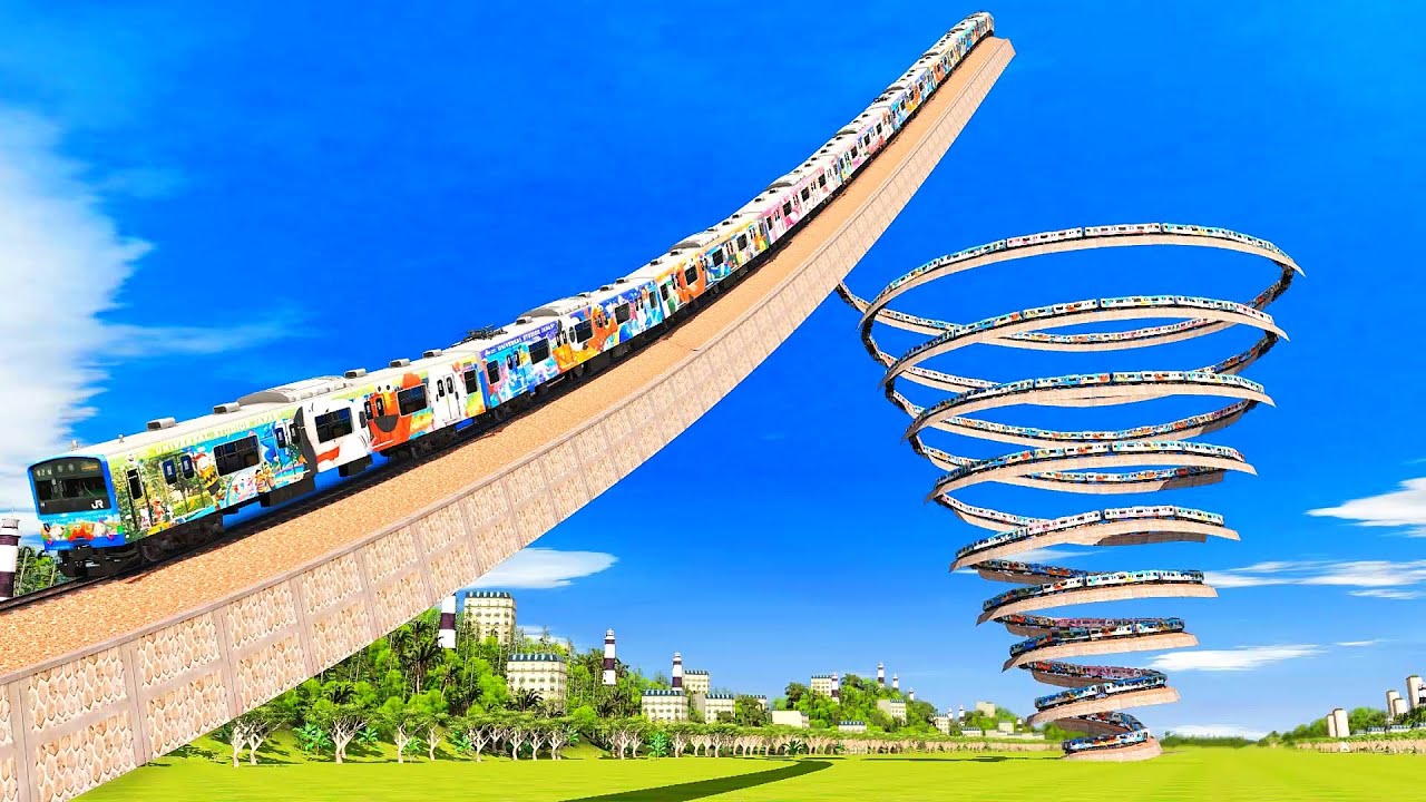 Japan's Very Long Train Crosses Dangerous Rail Tracks Spiral Cone ...