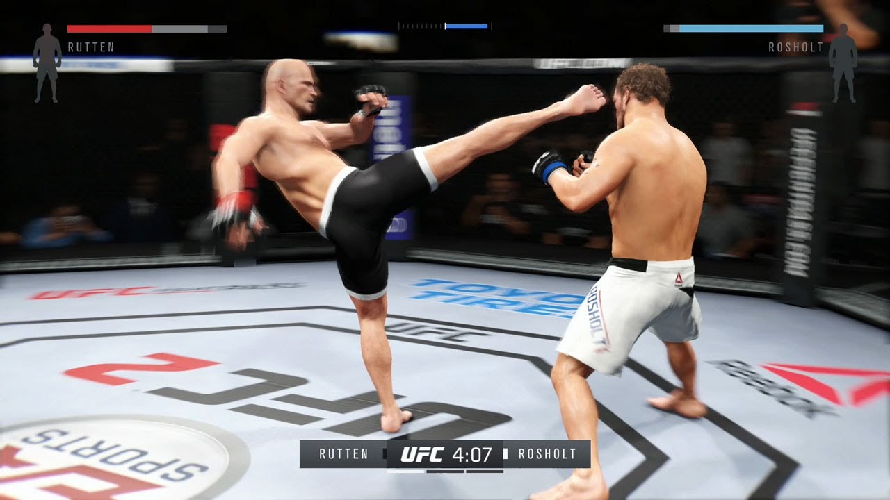 Bas Rutten vs. Jared Rosholt EA sports UFC 2 big leg kick Smashing Leg ...