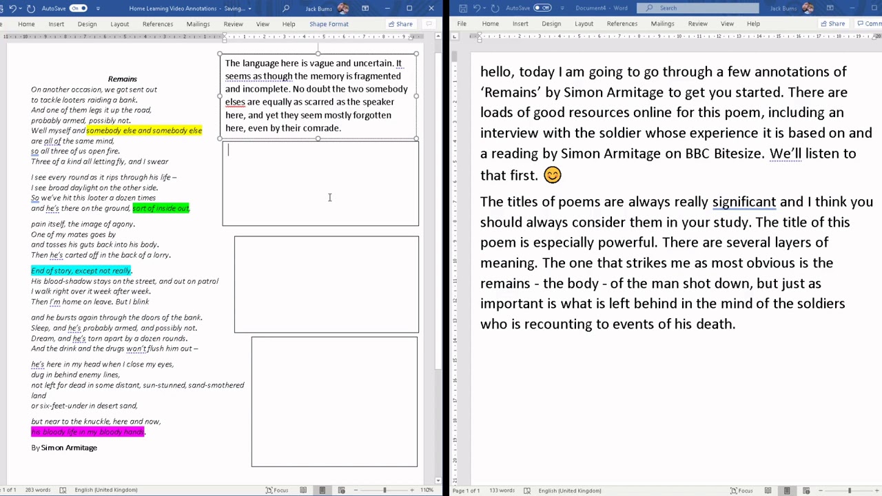 Annotations for 'Remains' by Simon Armitage - YouTube