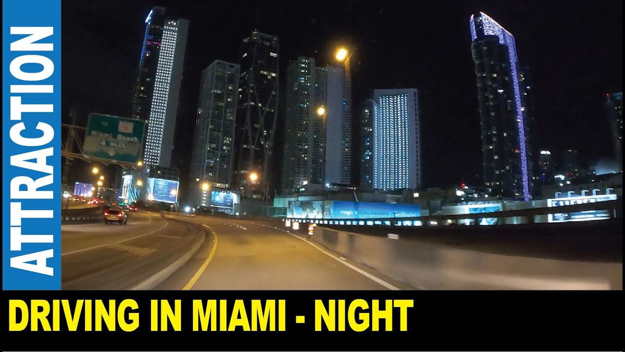 Driving in Miami at night downtown I-95 highway MacArthur Causeway ...