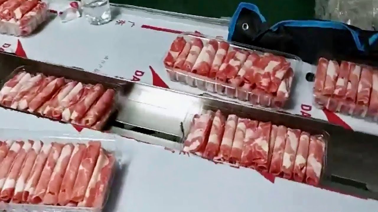 fully automatic sliced mutton trays film wrapping packing machine flow ...