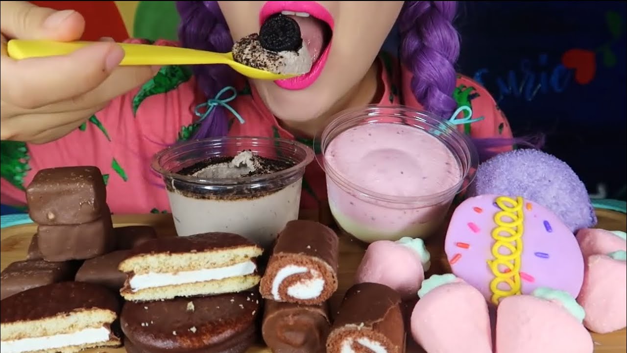 Curie ASMR cookies and cream chocolate ice cream candy pudding Mukbang ...
