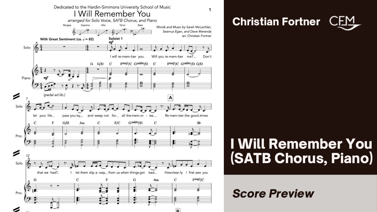 I Will Remember You by Sarah Mclachlan (SATB Chorus & Piano) - arr ...