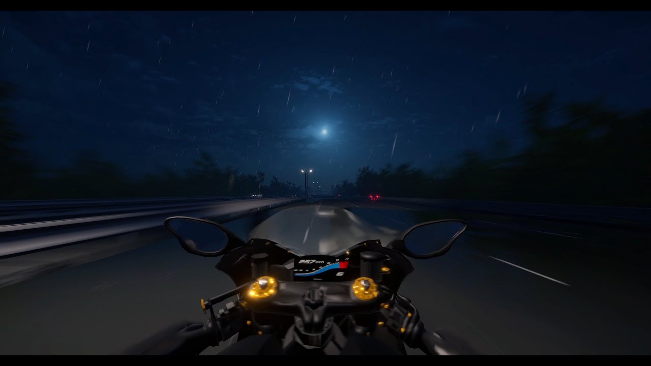 Motorcycle Night Ride riding a motorcycle on an endless highway at ...