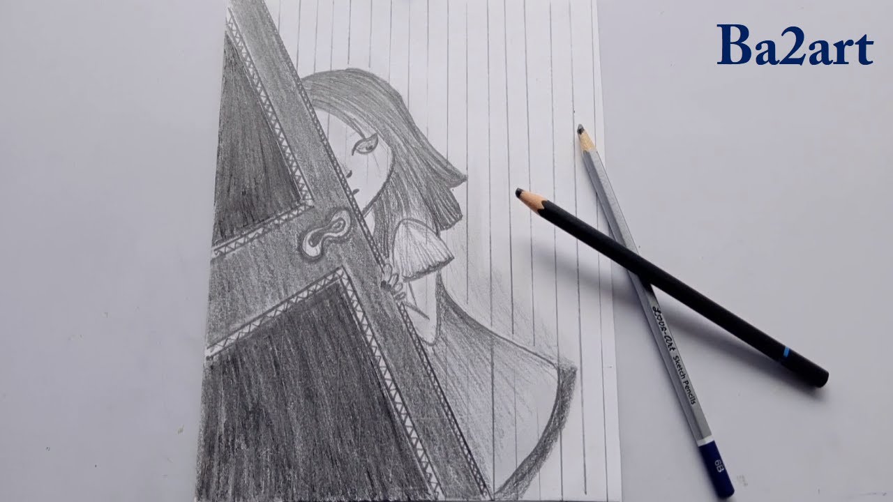 How to draw 3D drawing * A girl hiding behind door * 3d art - YouTube