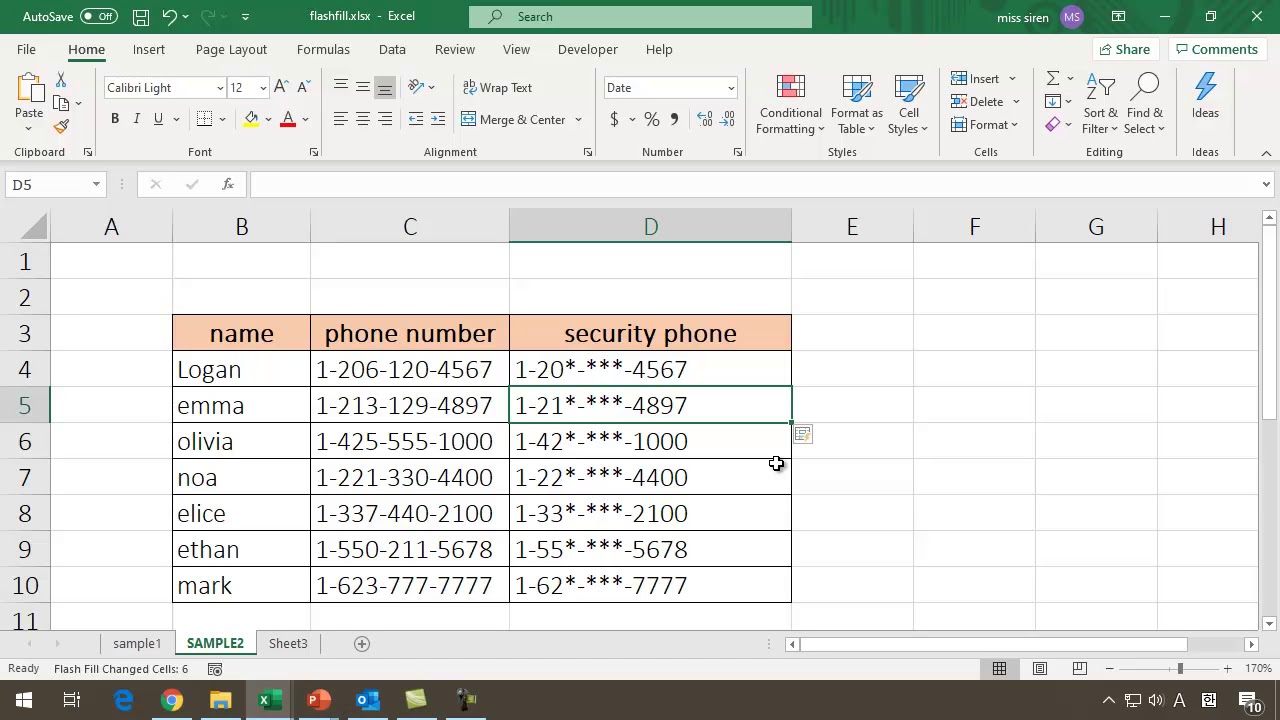 using flash fill - phone number - YouTube